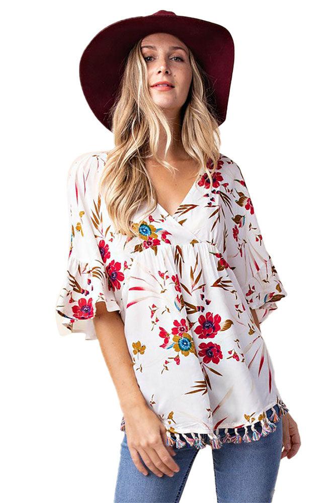 Women's Surplice Neck Multi Color Fringe Top – BellanBlue